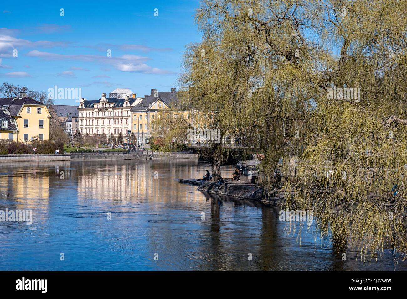 Motala river and waterfront park Stromparken during spring in ...