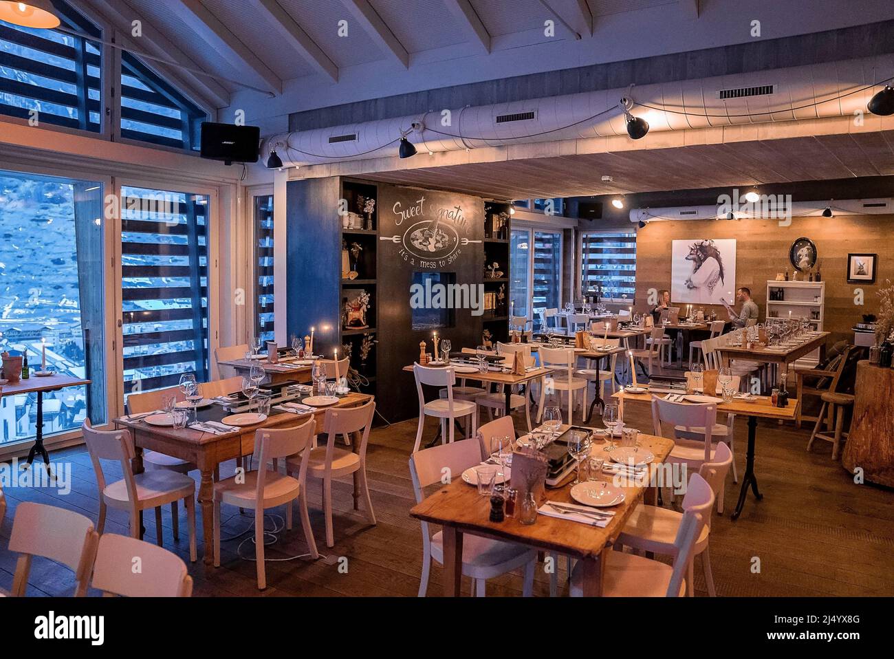 Beautiful interior of restaurant in luxurious ski resort at Alpine ...