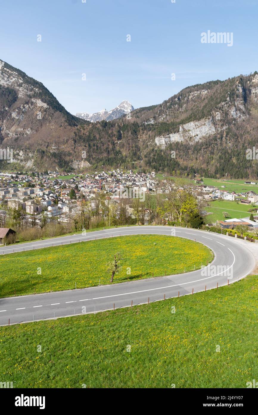 Mollis, Switzerland, April 13, 2022 Stunning alpine scenery from a hill ...