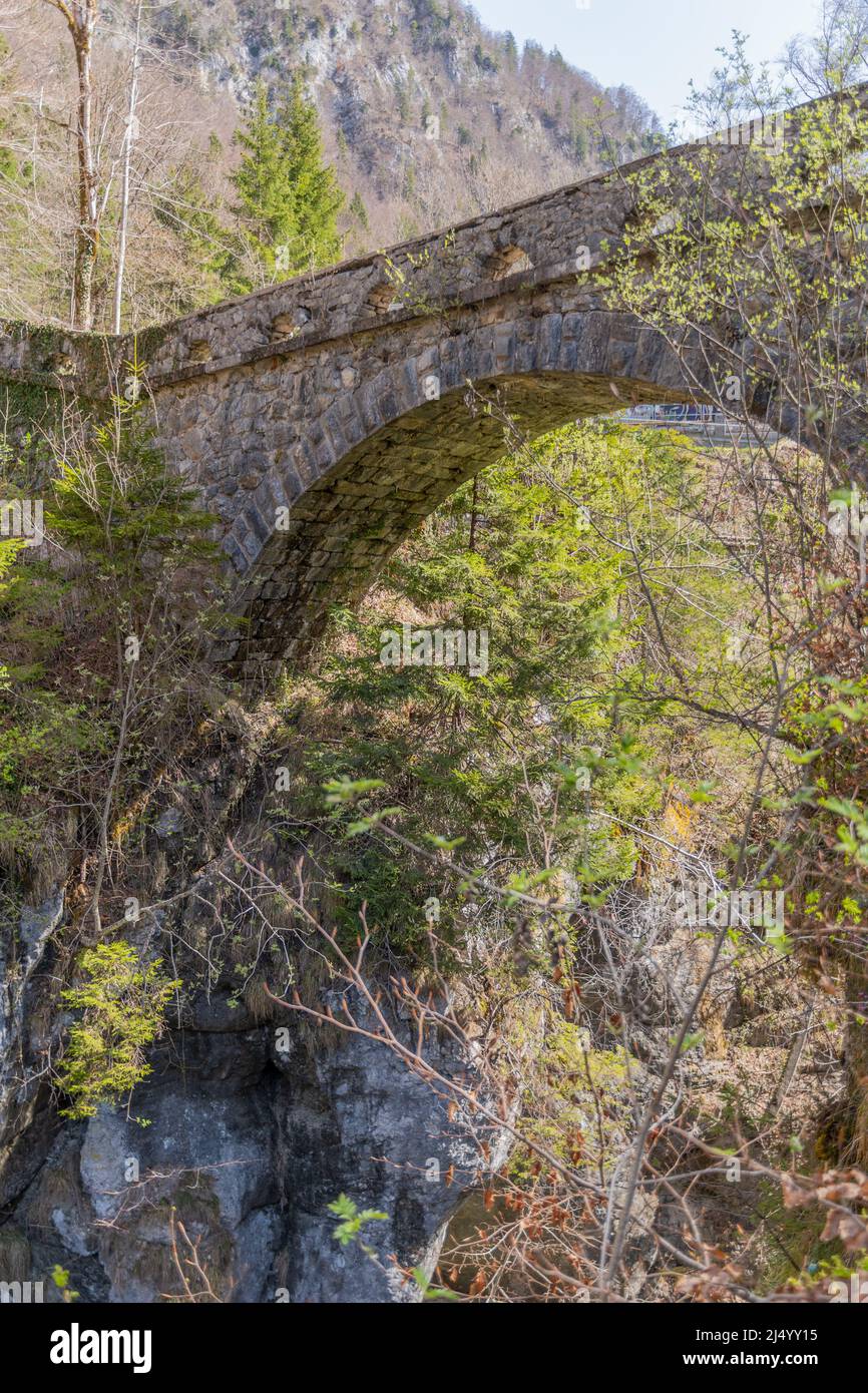 Riedern, Canton Glarus, Switzerland, April 13, 2022 Historic old stone ...
