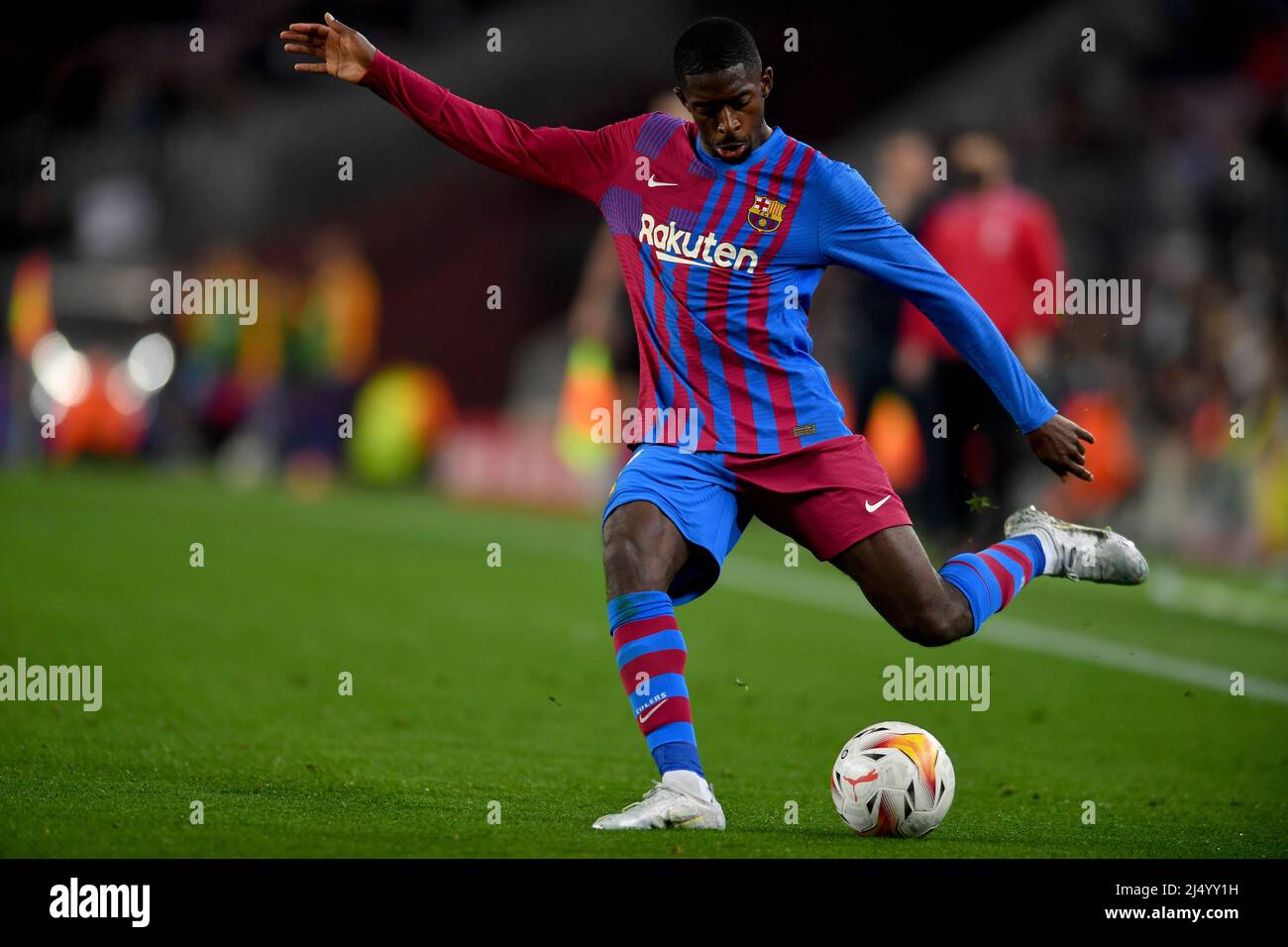 Barcelona,Spain.18 April,2022. Ousmane Dembele (7) of FC Barcelona ...