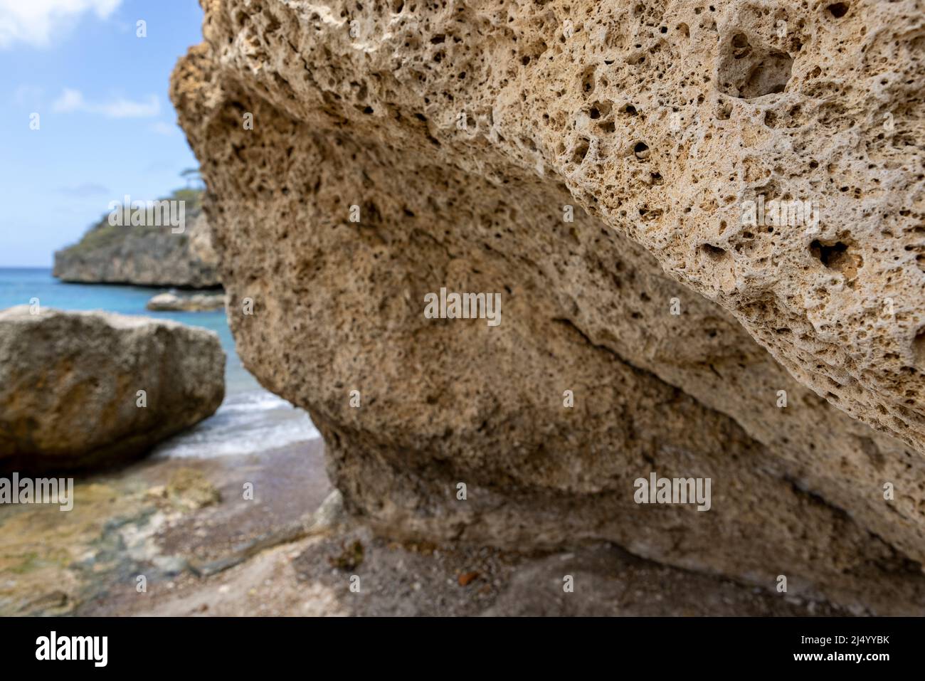 Coral rock at the shore of Playa Jeremi on the Caribbean island Curacao ...
