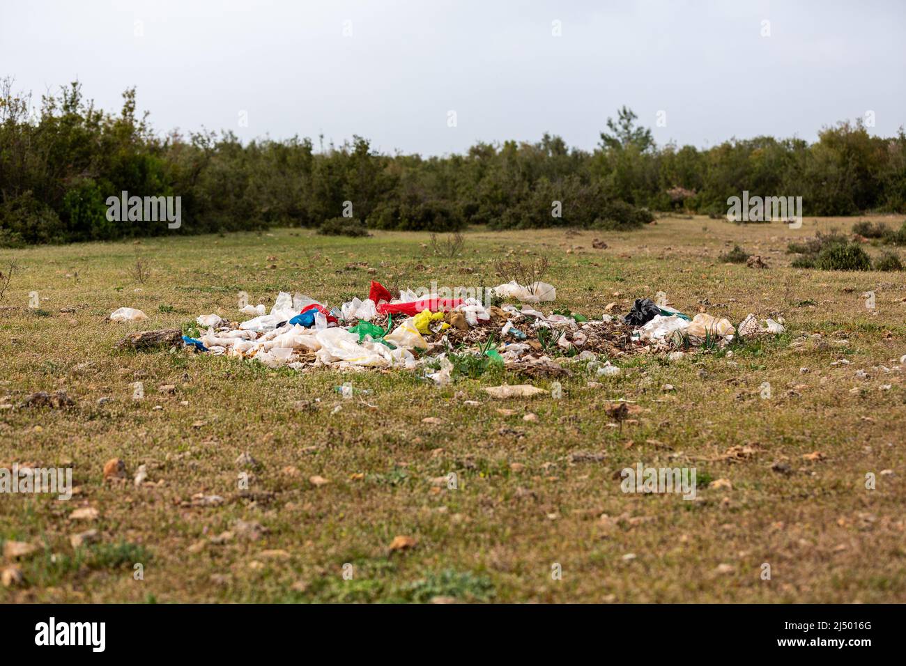 Human garbage thrown into the clean nature. environmental pollution ...