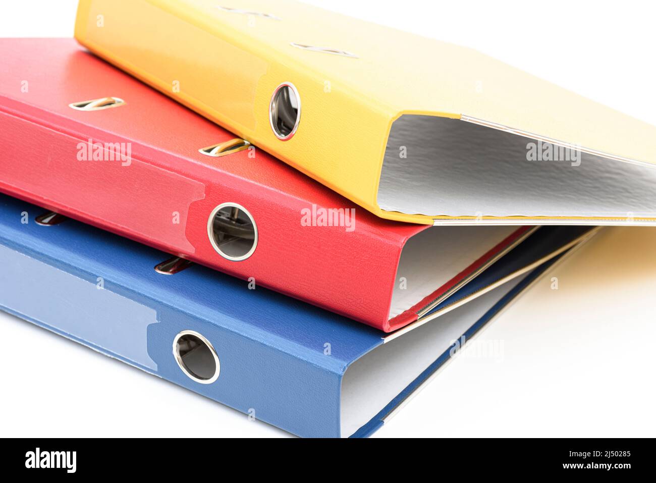 Yellow, red and blue empty office folder on white background Stock ...