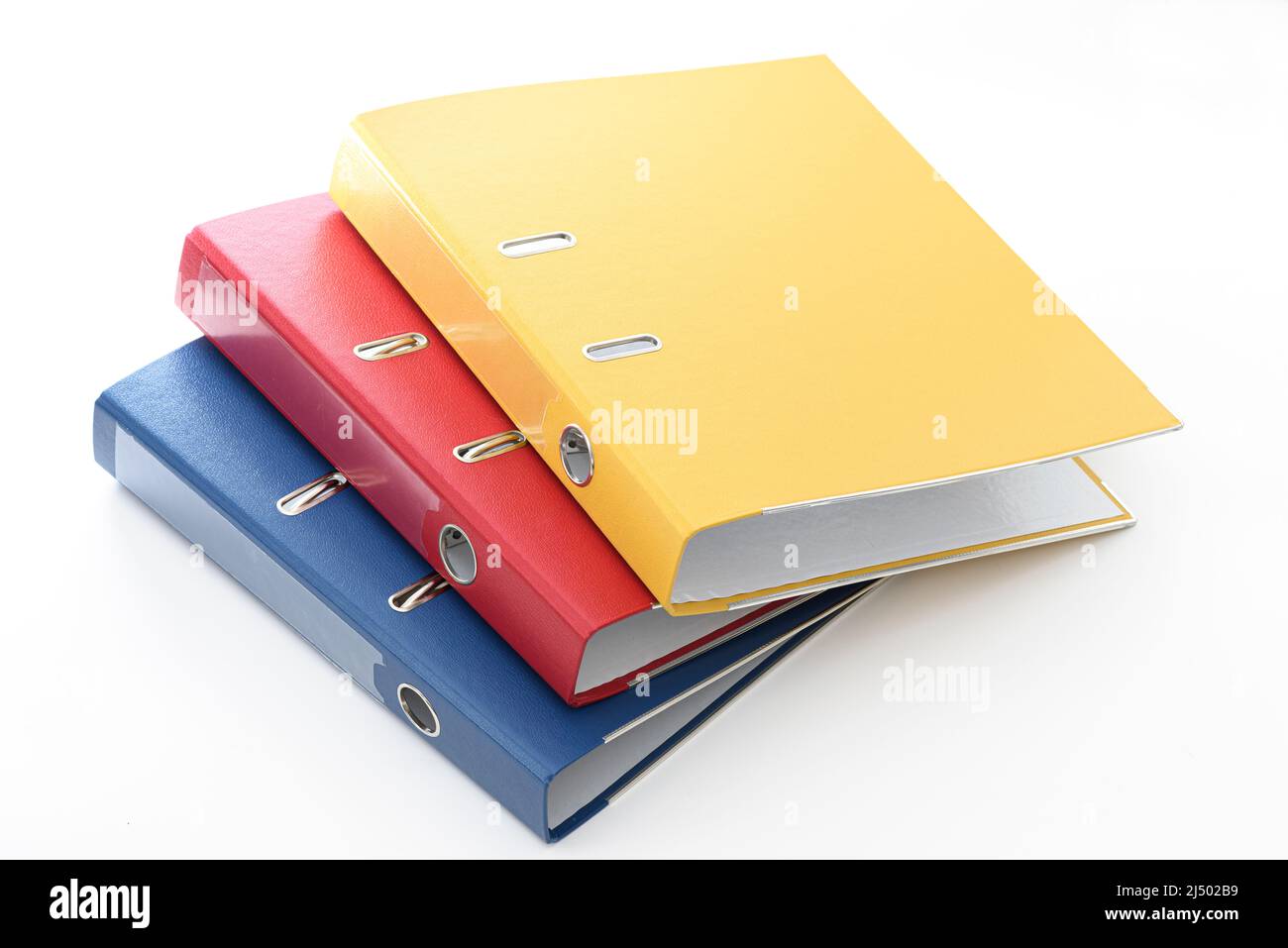 Yellow, red and blue empty office folder on white background Stock ...