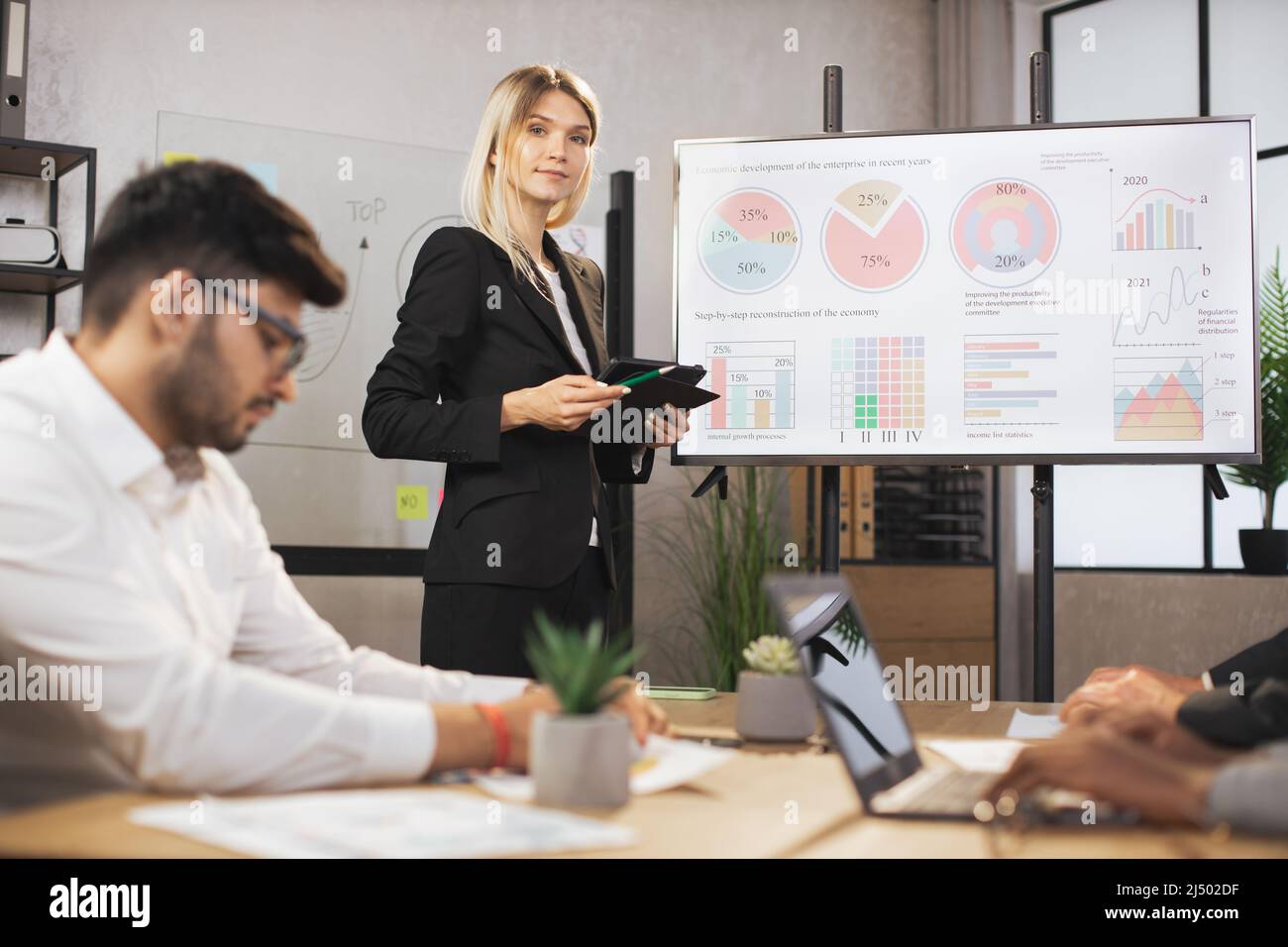 Beautiful confident caucasian businesswoman lady, showing her financial ...