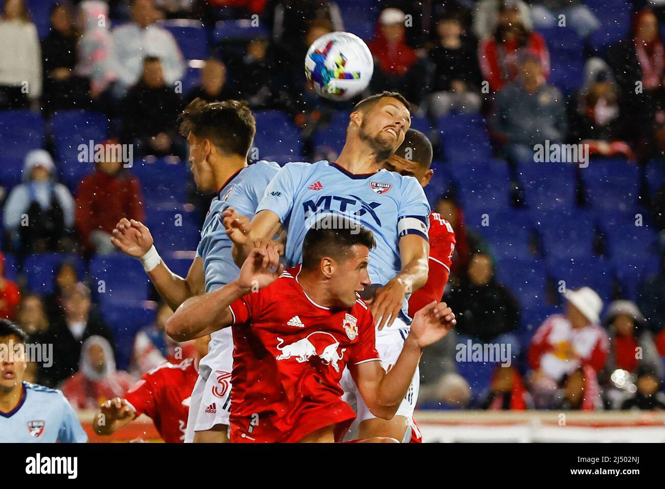 HARRISON, NJ - APRIL 16: FC Dallas defender Matt Hedges (24) heads the ...