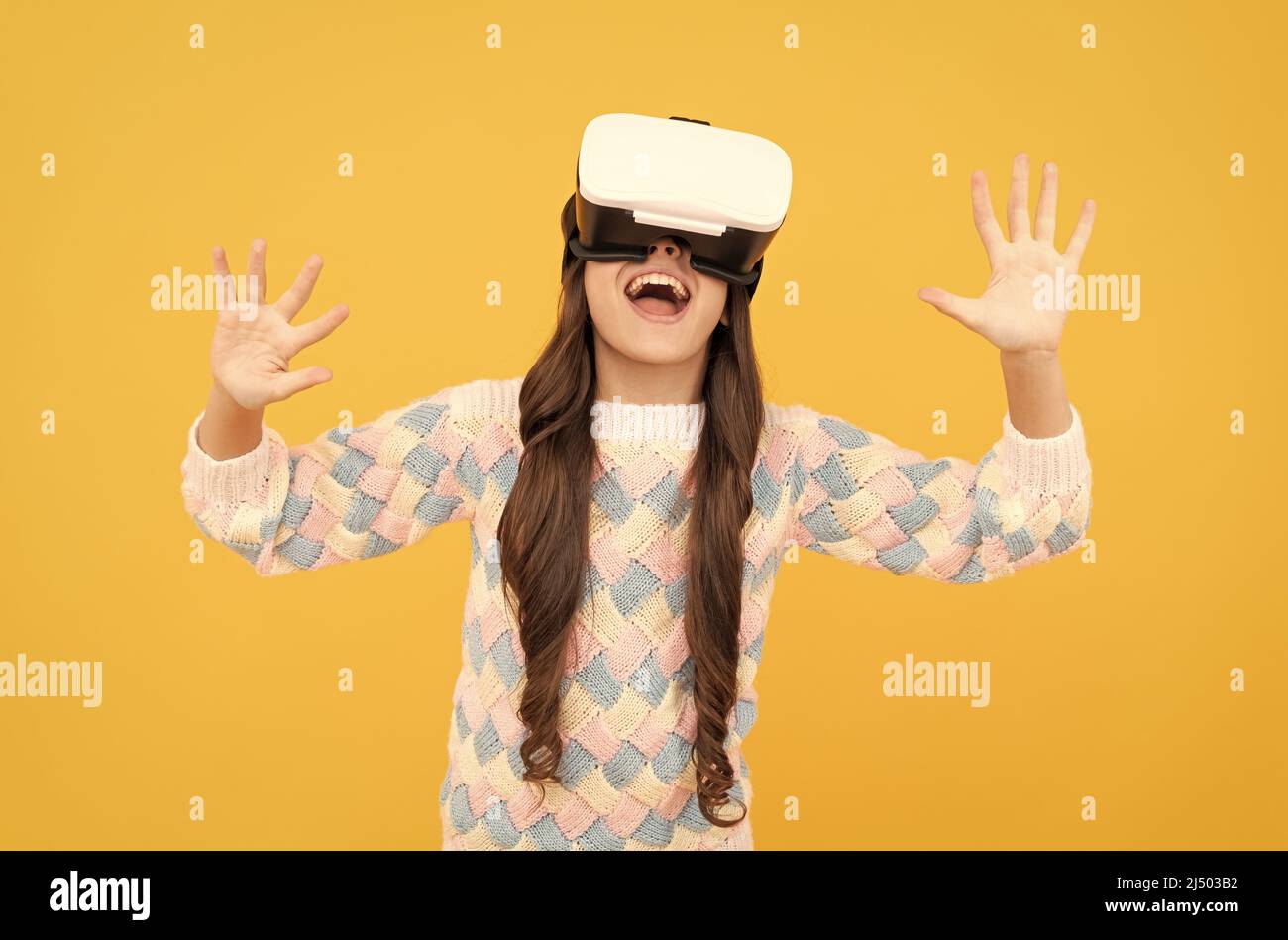 happy teen girl wear vr glasses using future technology for education ...