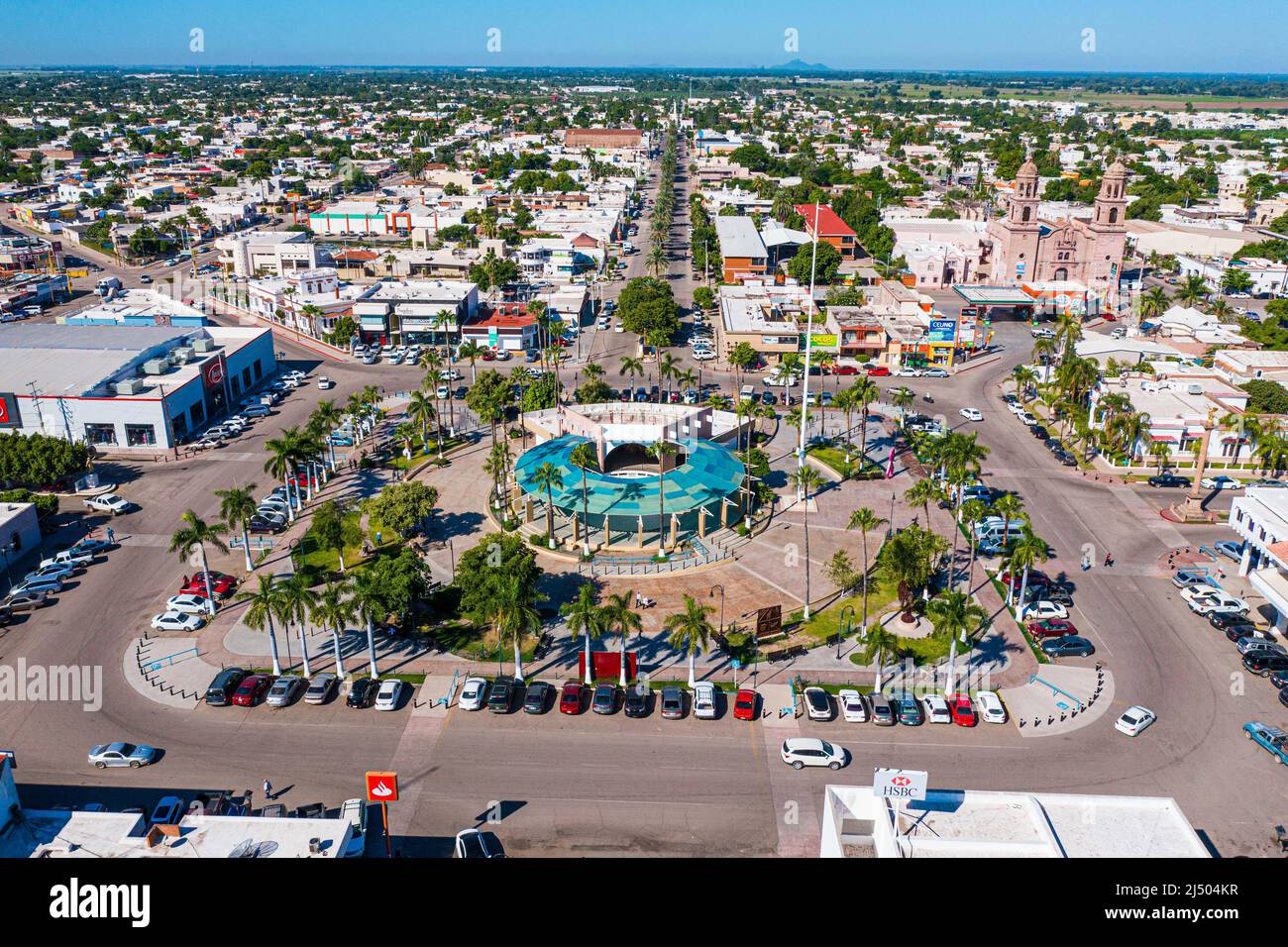 Aerial view of Plaza 5 de Mayo, kiosk, streets and stable in Navojoa ...
