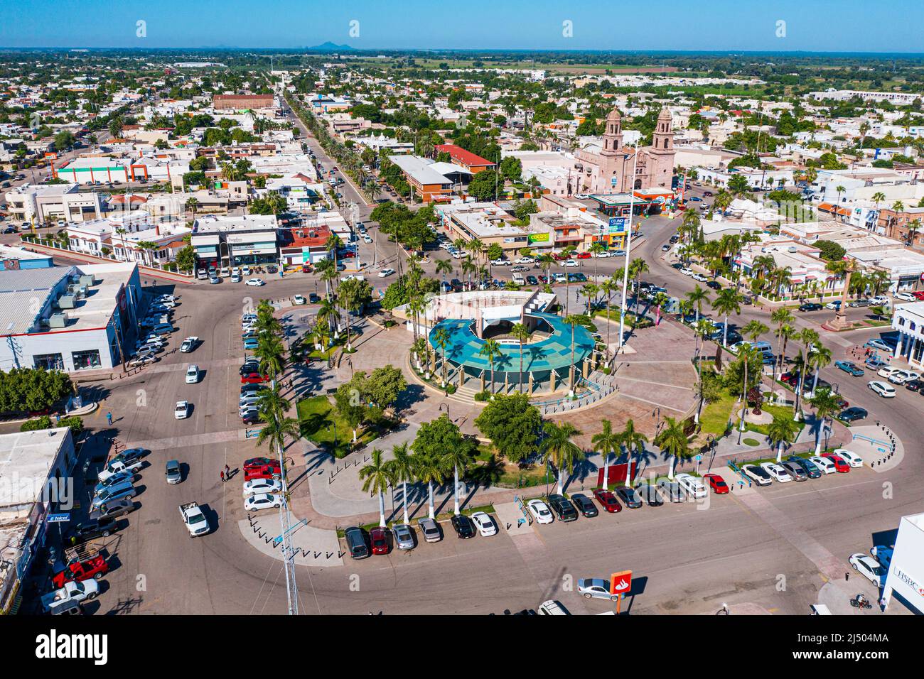 Aerial view of Plaza 5 de Mayo, kiosk, streets and stable in Navojoa ...