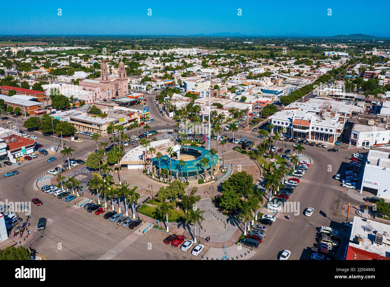 Aerial view of Plaza 5 de Mayo, kiosk, streets and stable in Navojoa ...