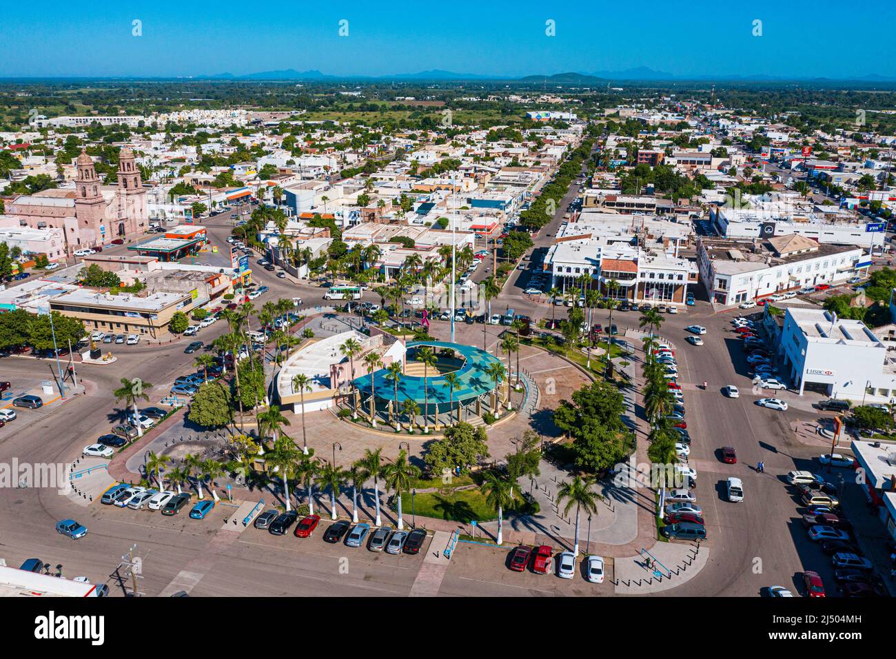 Aerial view of Plaza 5 de Mayo, kiosk, streets and stable in Navojoa ...