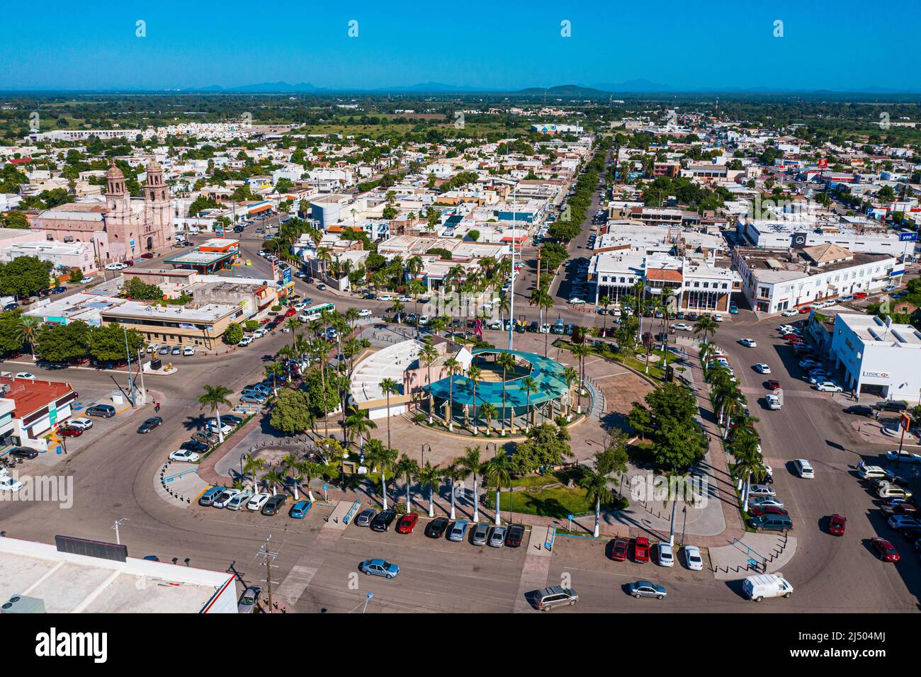 Aerial view of Plaza 5 de Mayo, kiosk, streets and stable in Navojoa ...