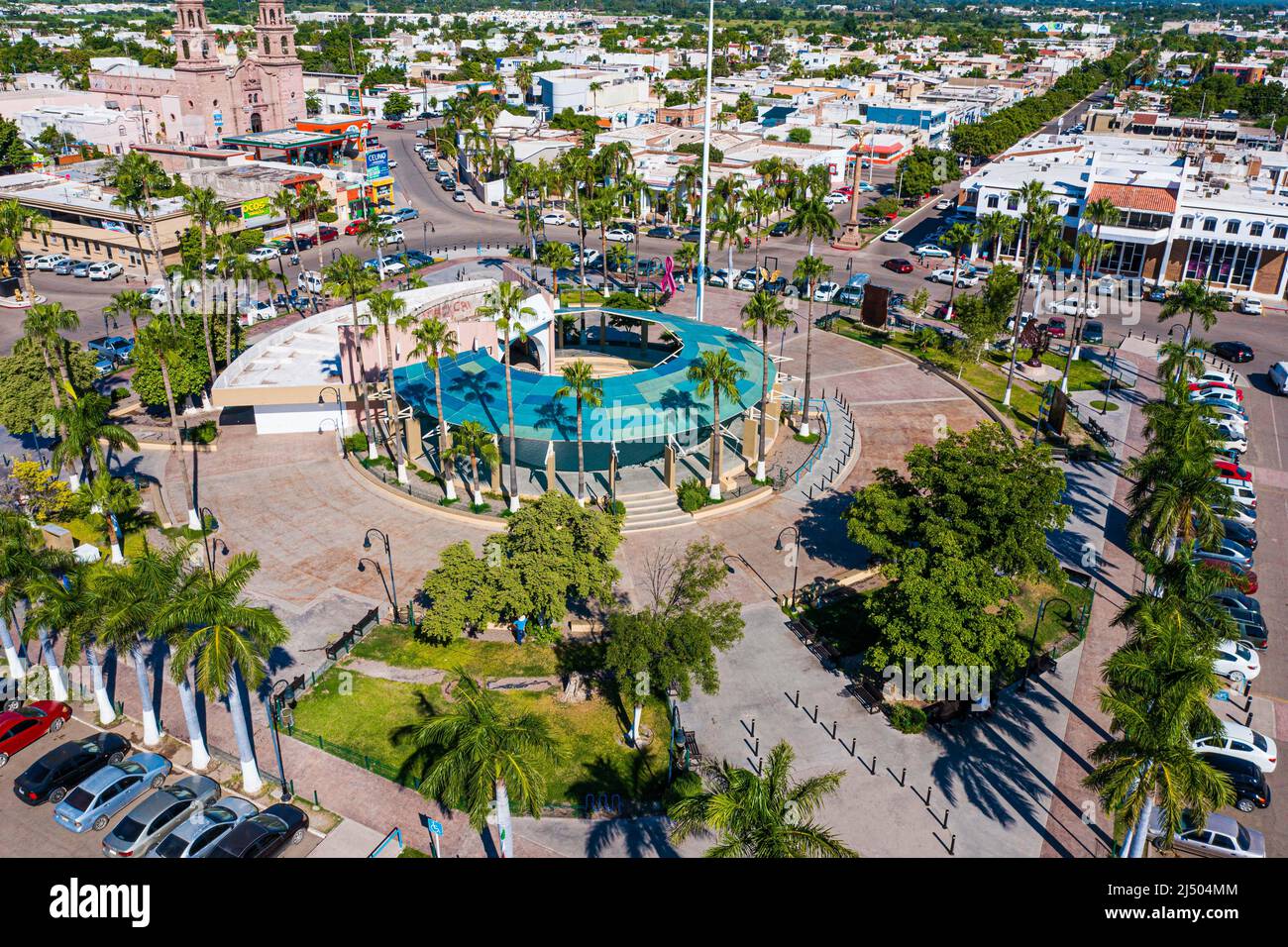 Aerial view of Plaza 5 de Mayo, kiosk, streets and stable in Navojoa ...