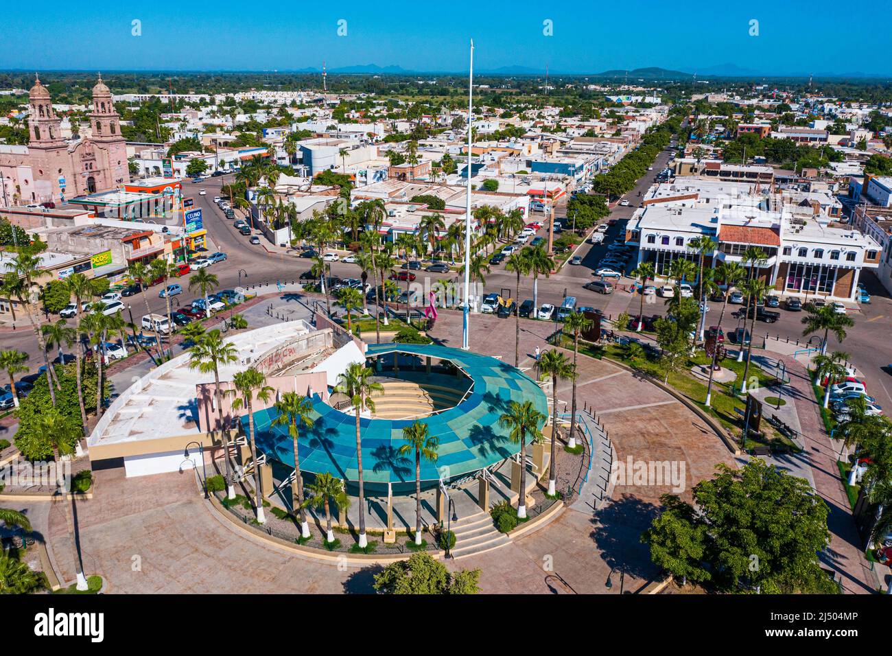 Aerial view of Plaza 5 de Mayo, kiosk, streets and stable in Navojoa ...