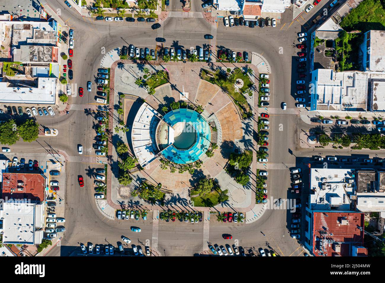 Aerial view of Plaza 5 de Mayo, kiosk, streets and stable in Navojoa ...