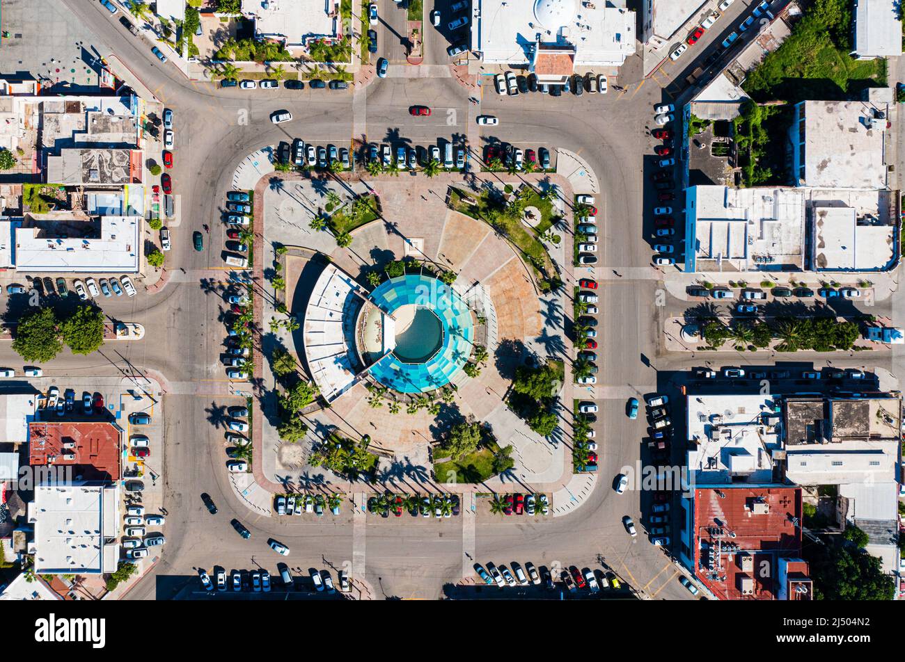 Aerial view of Plaza 5 de Mayo, kiosk, streets and stable in Navojoa ...
