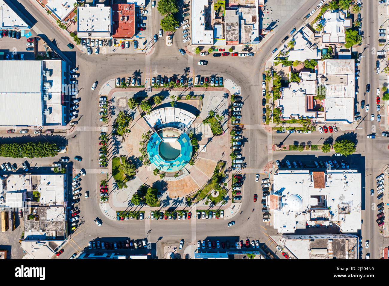 Aerial view of Plaza 5 de Mayo, kiosk, streets and stable in Navojoa ...