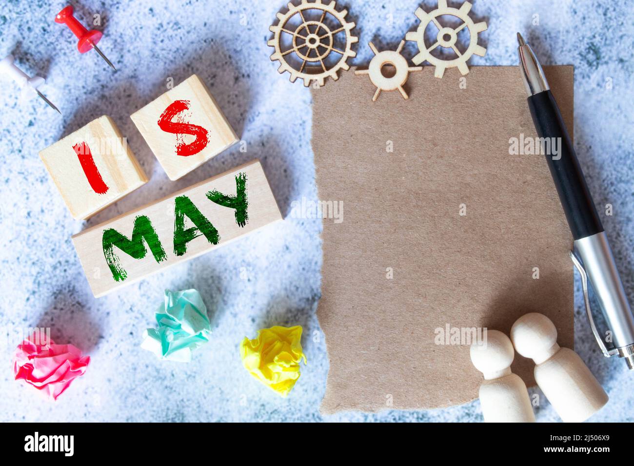 May 18. Day 18 of month, Cube calendar with date, empty frame on light ...