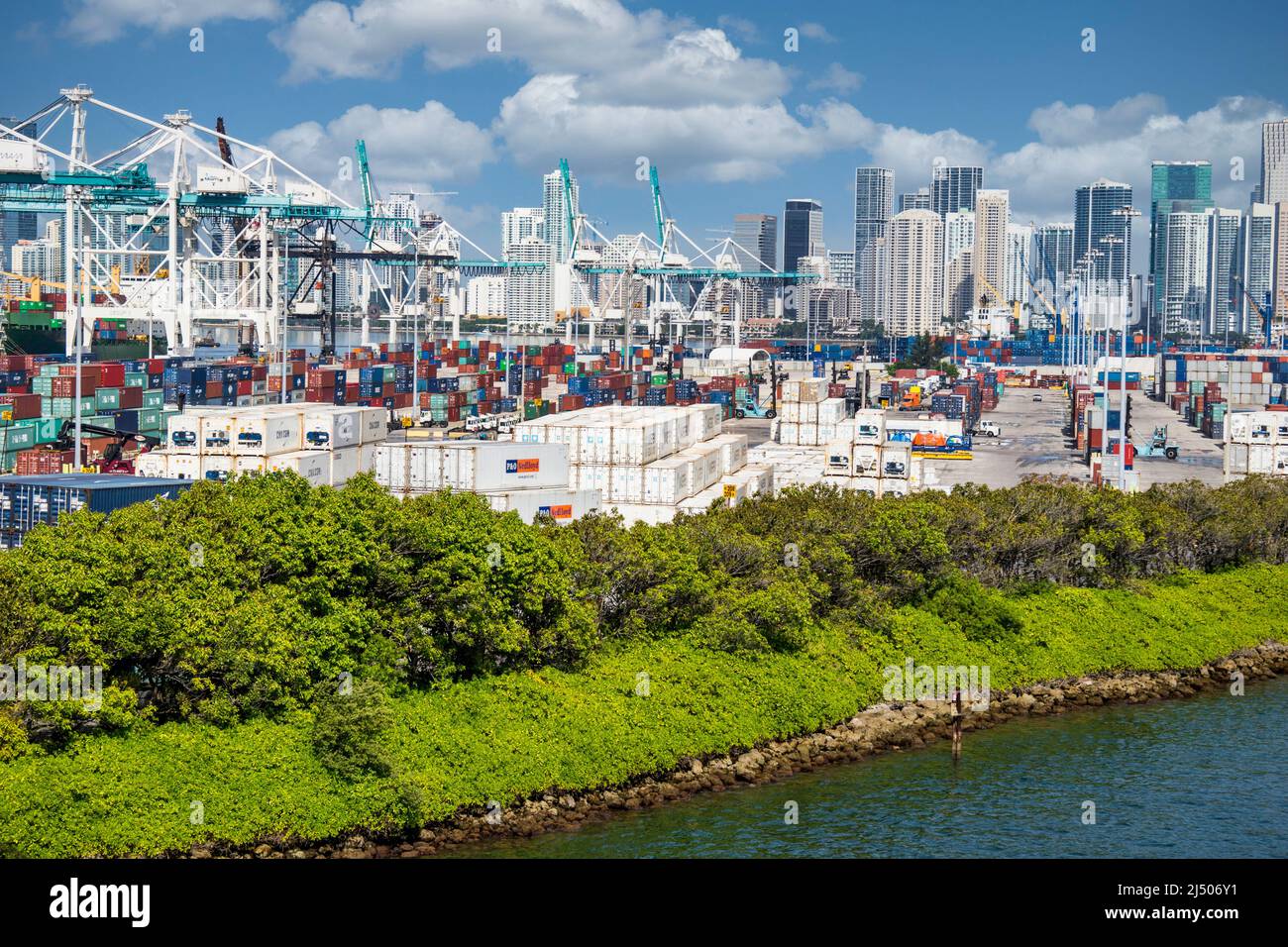 Cranes and freight containers at the Port of Miami located on Dodge ...