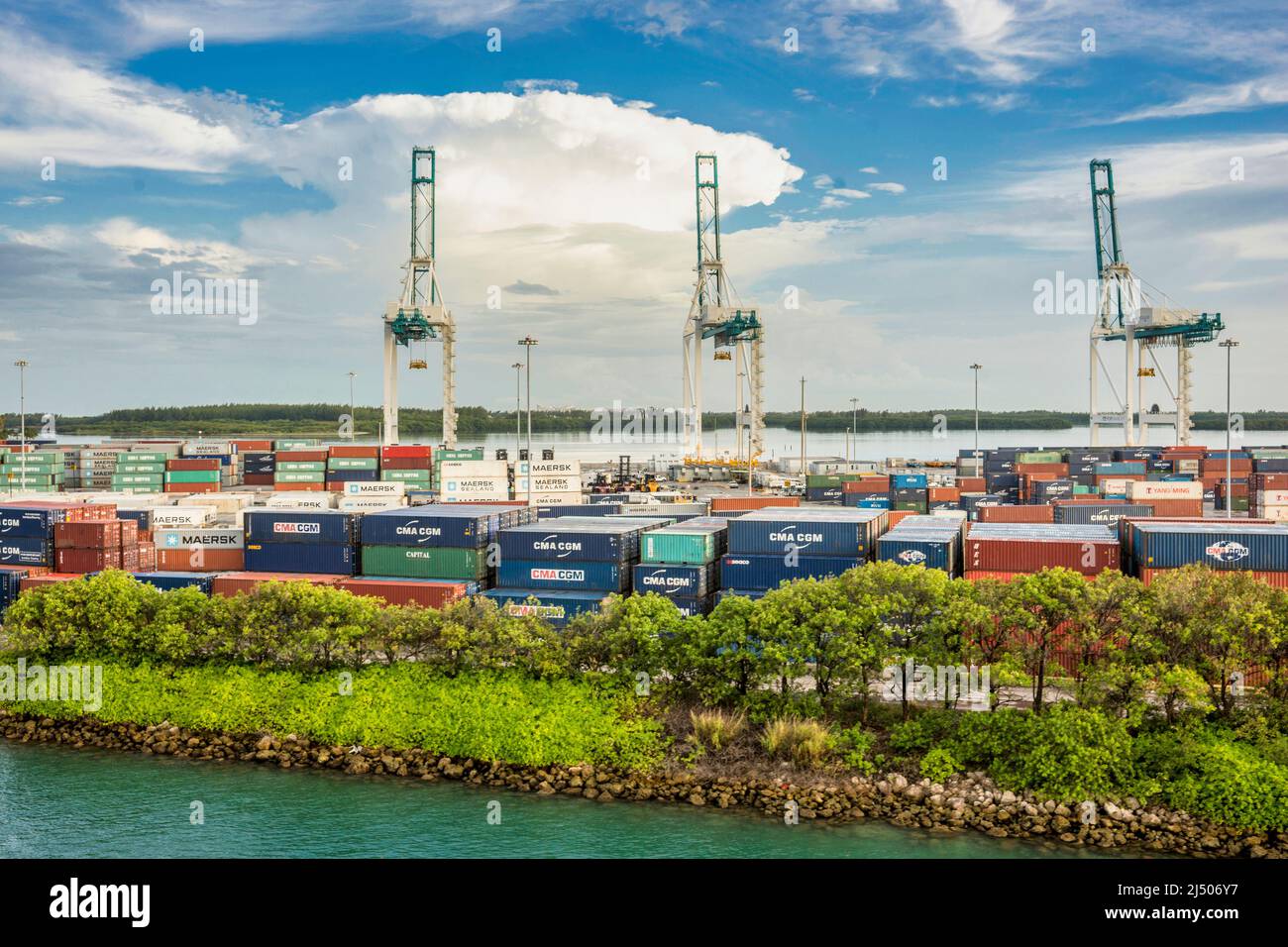 Cranes and freight containers at the Port of Miami located on Dodge ...