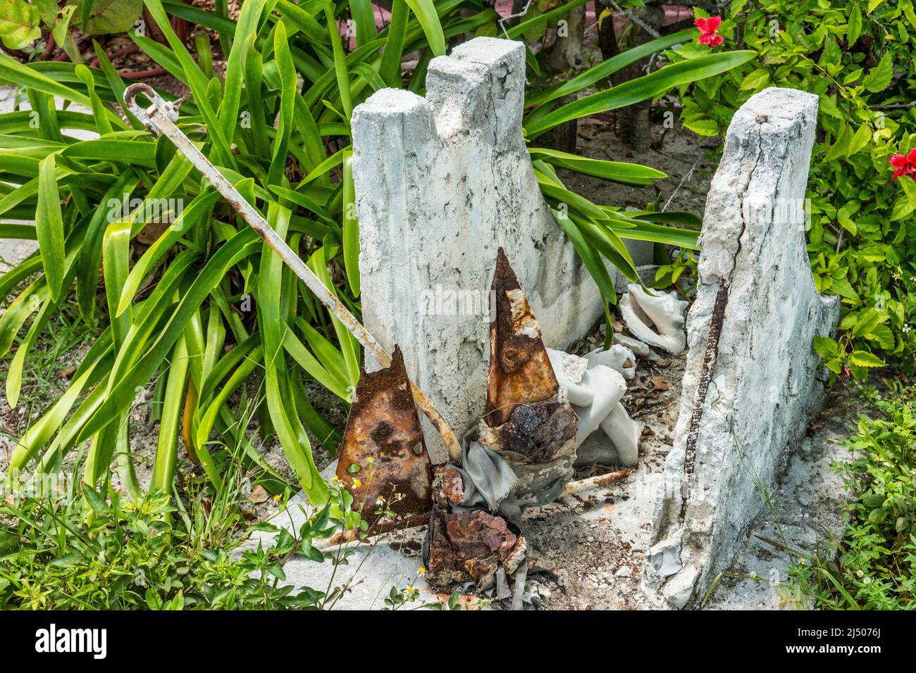 A rusted anchor and weathered conch shells outside the Bimini Museum on ...