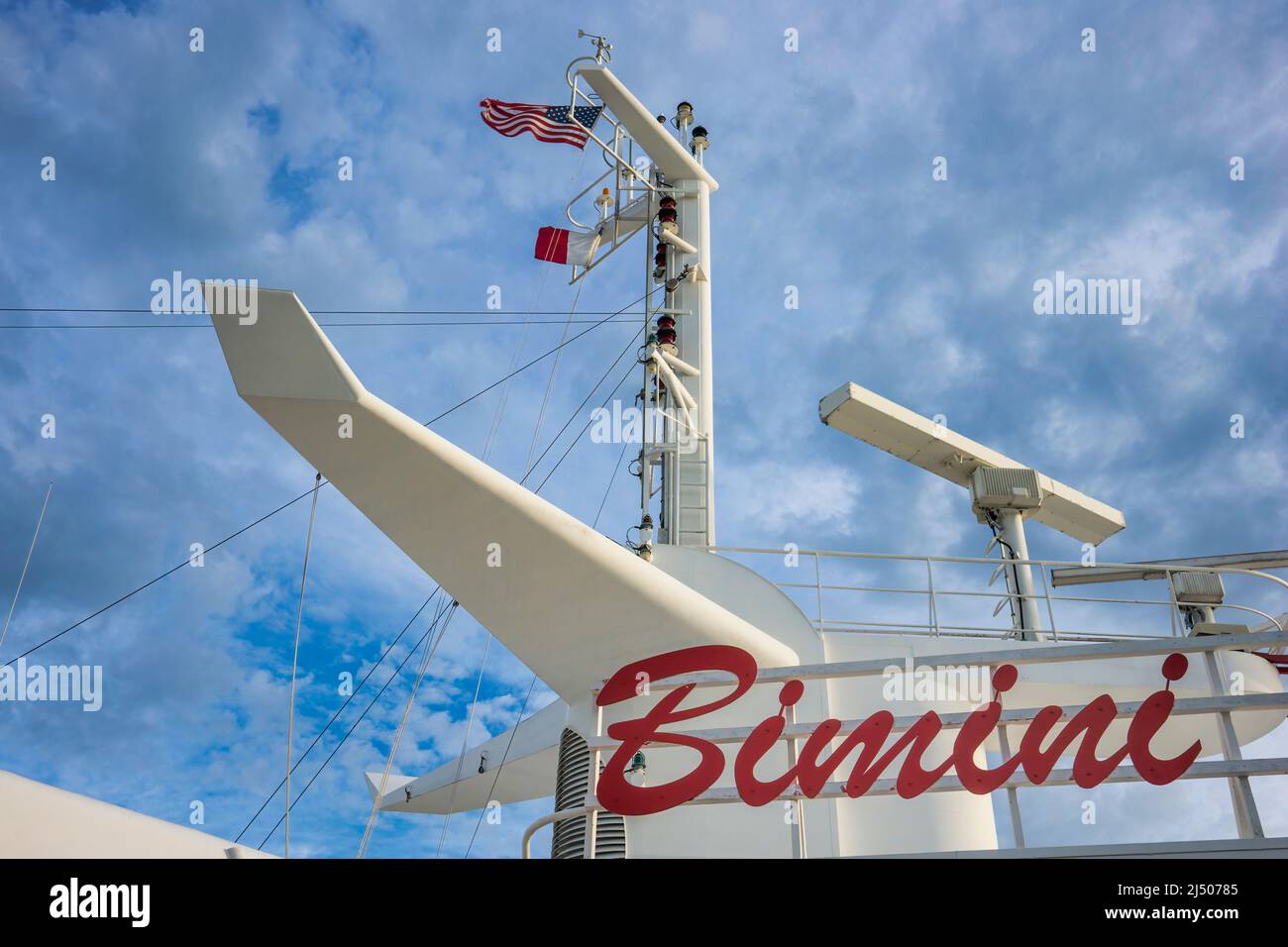 Looking up at the ship’s name and communications array of the Bimini ...