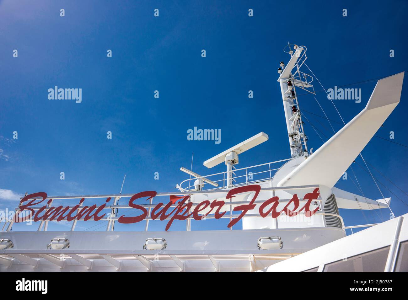 Looking up at the ship’s name and communications array of the Bimini ...