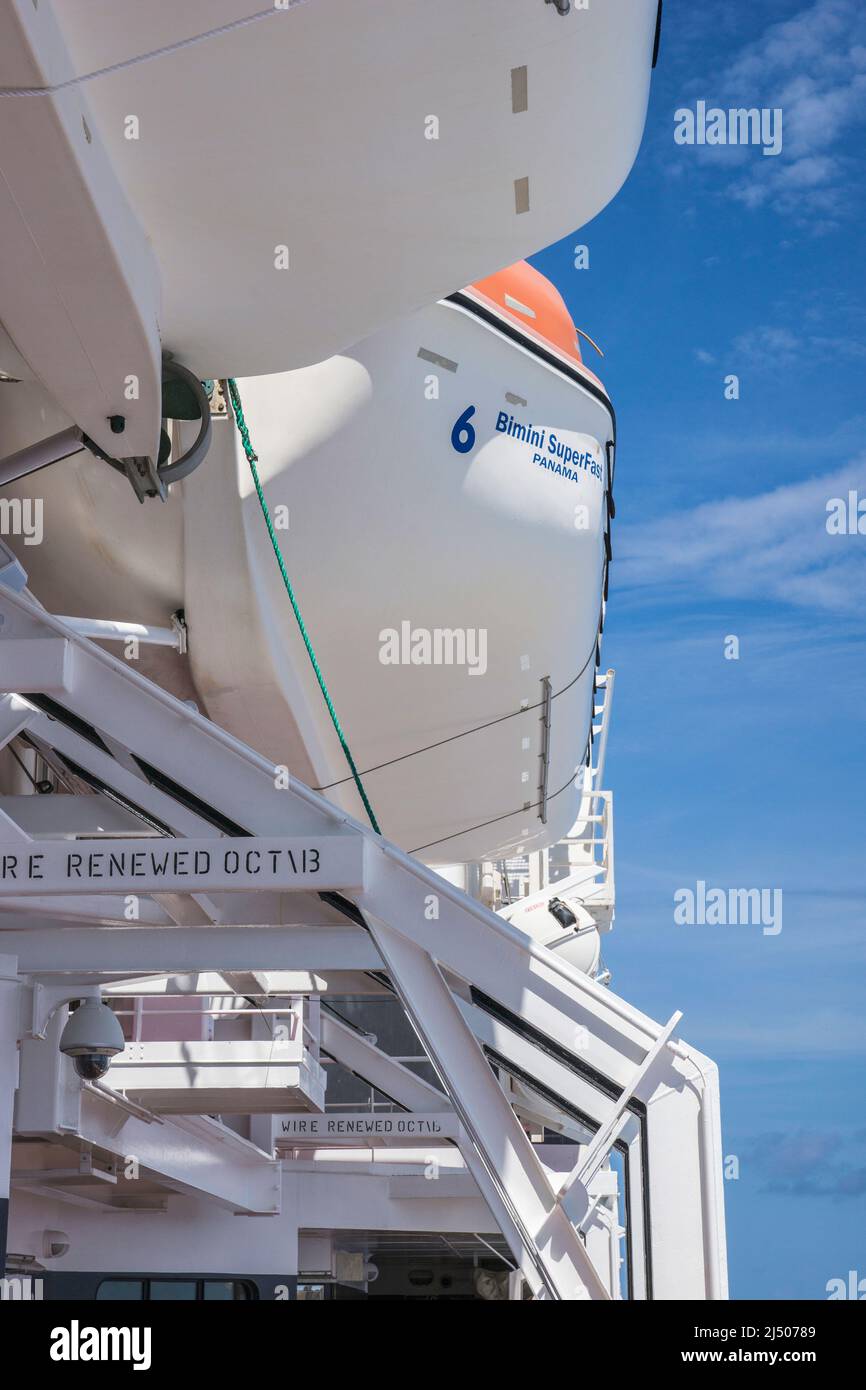 Detail of the lifeboat array on the Bimini SuperFast cruise ship in the ...