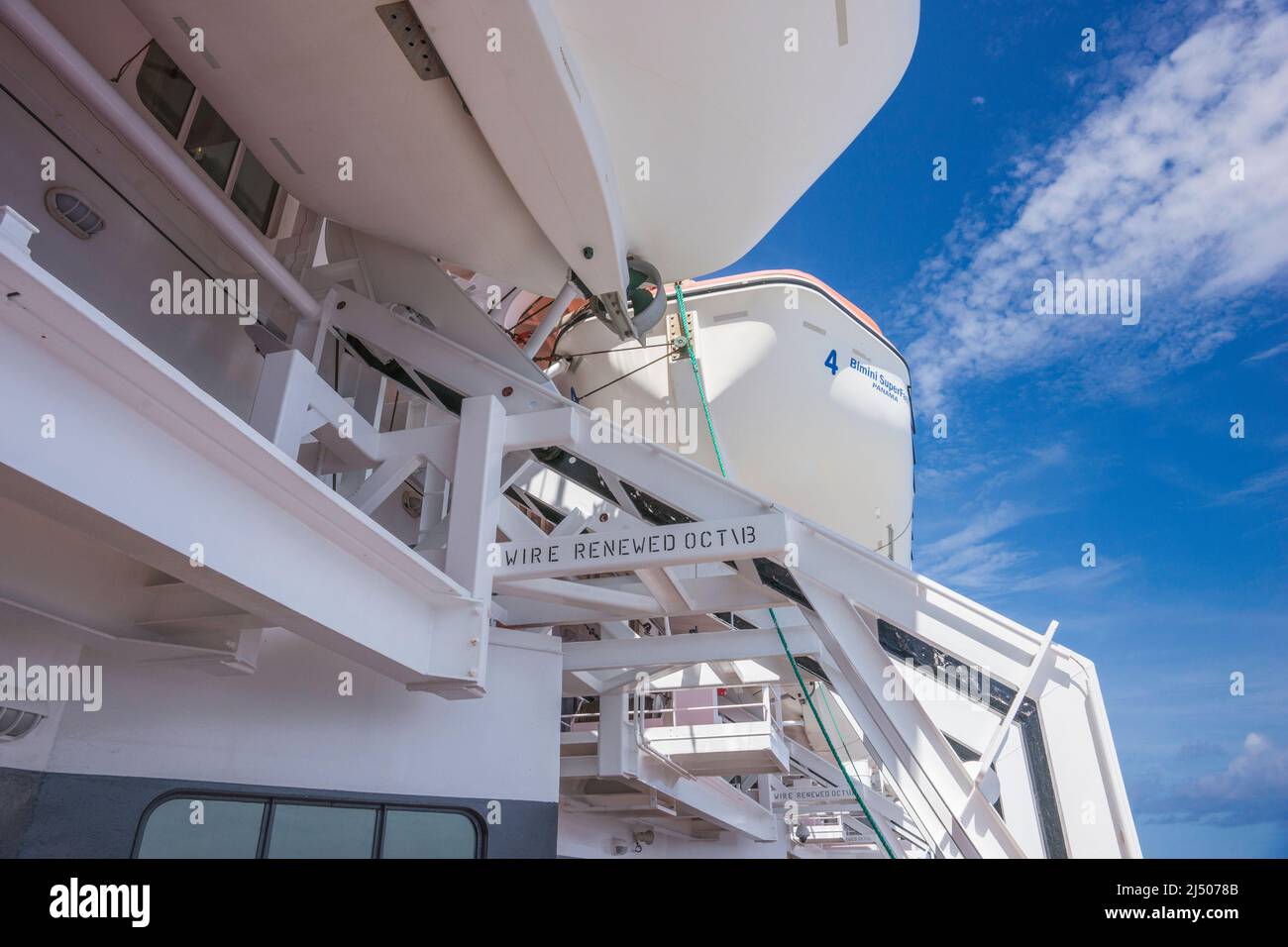 Detail of the lifeboat array on the Bimini SuperFast cruise ship in the ...