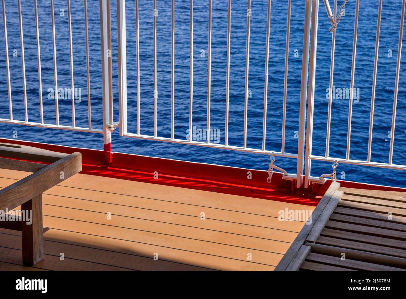 The deck and rail form a colorful pattern on the Bimini SuperFast ...