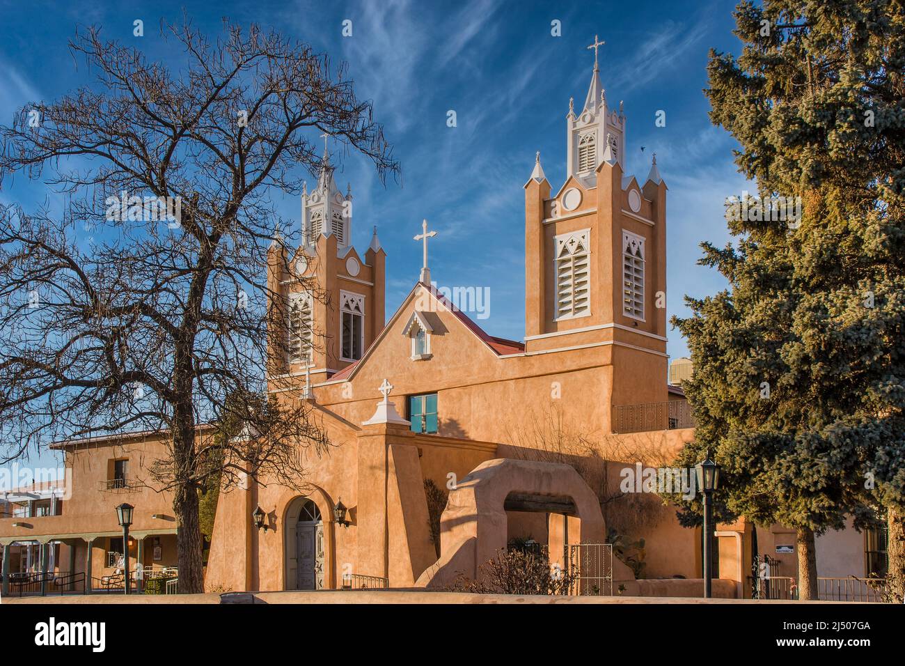 The historic San Felipe de Neri Catholic Church on the Old Town Plaza in Albuquerque, New Mexico ...