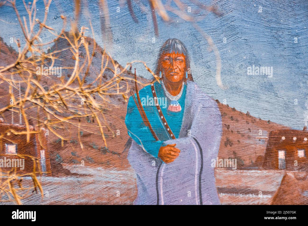 Detail of a mural of a Native American Indian at his pueblo outside the ...