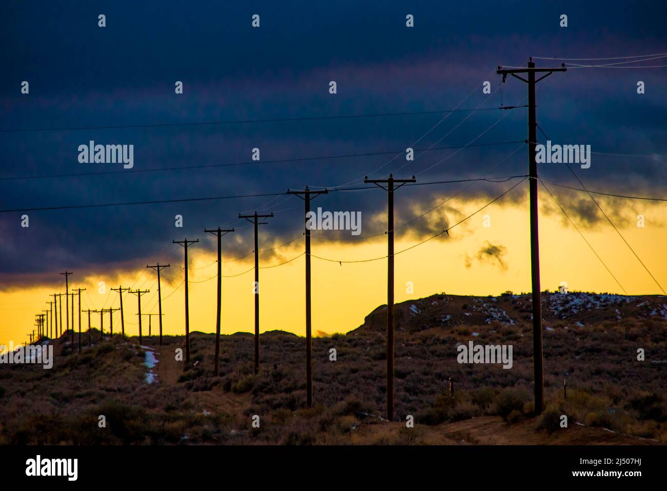 Utility poles form a pattern against the sunset sky outside Albuquerque ...