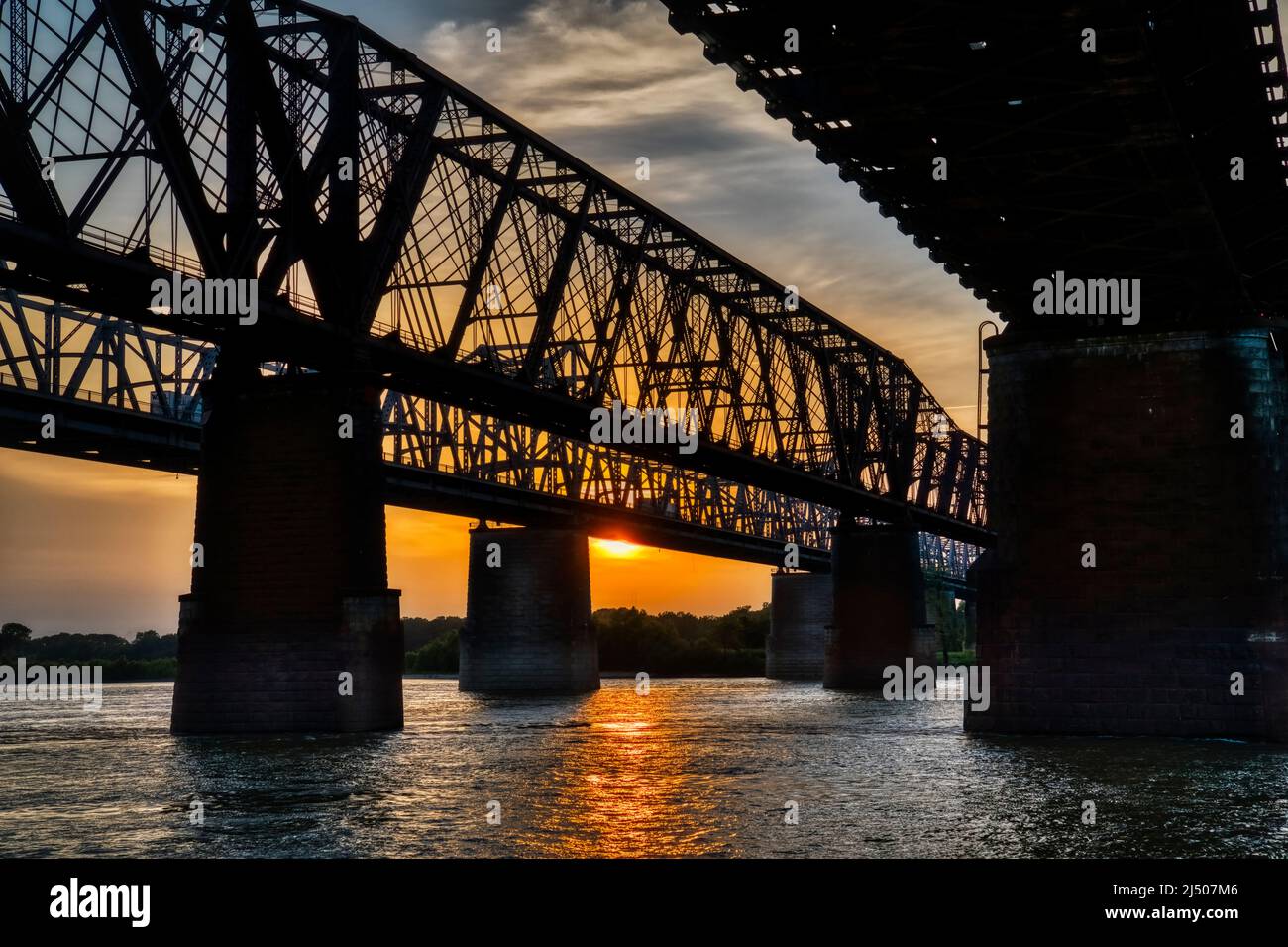 The sun sets over the Arkansas shore by the I55, Harahan and Frisco ...