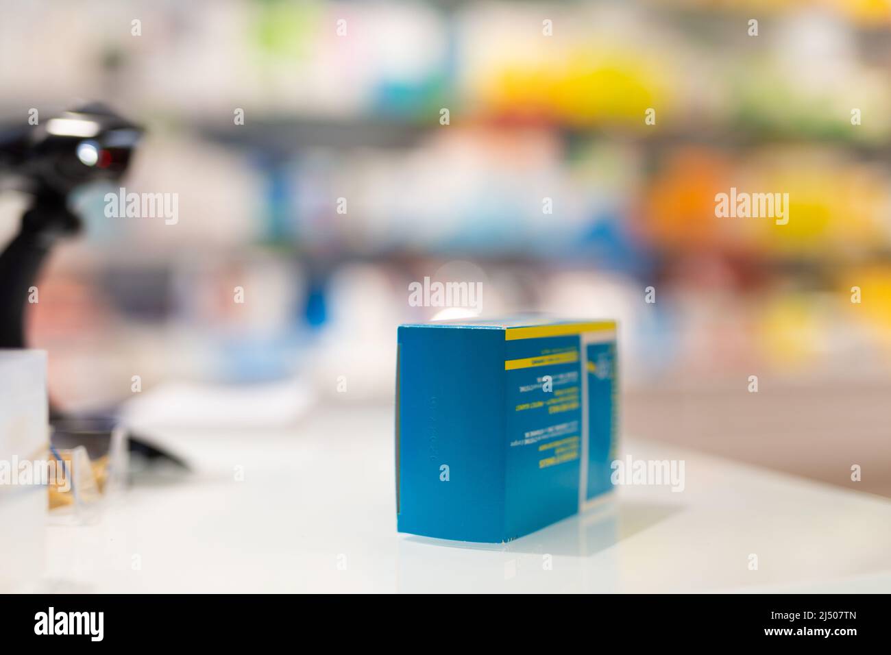 Pharmaceutical package on counter Stock Photo - Alamy