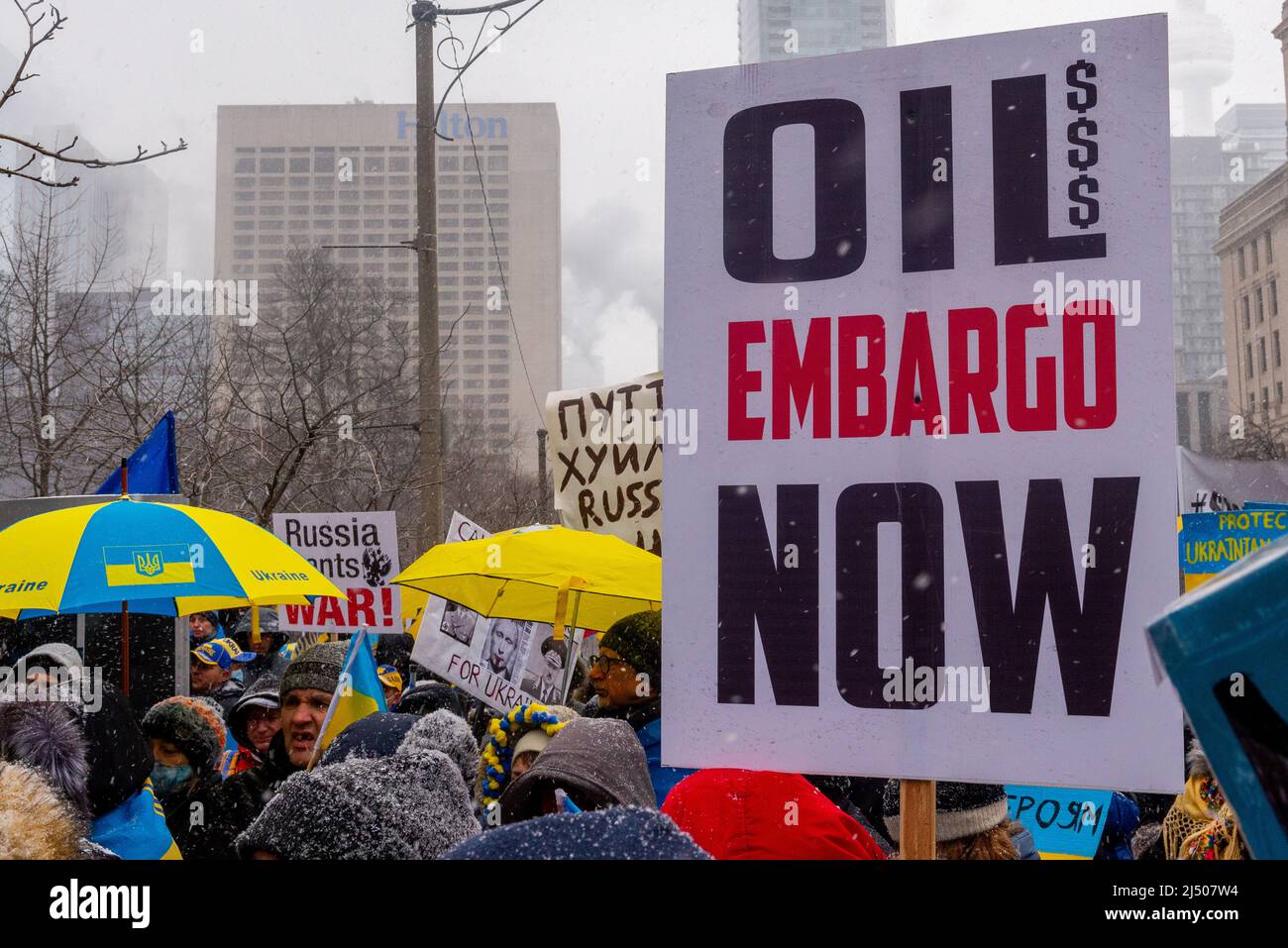 Toronto On Canada April 10 2022 Protestors With Banners And