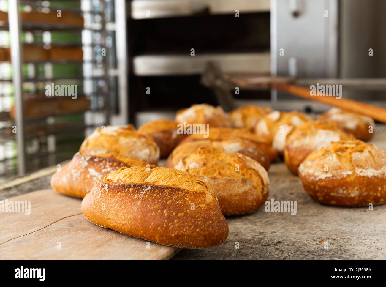 Hot appetizing baguettes on bakery oven tray Stock Photo - Alamy
