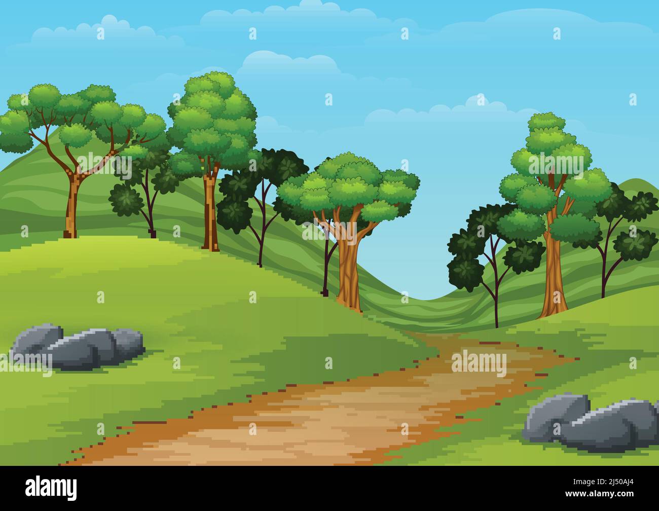 Cartoon summer landscape with road trail to forest Stock Vector Image ...
