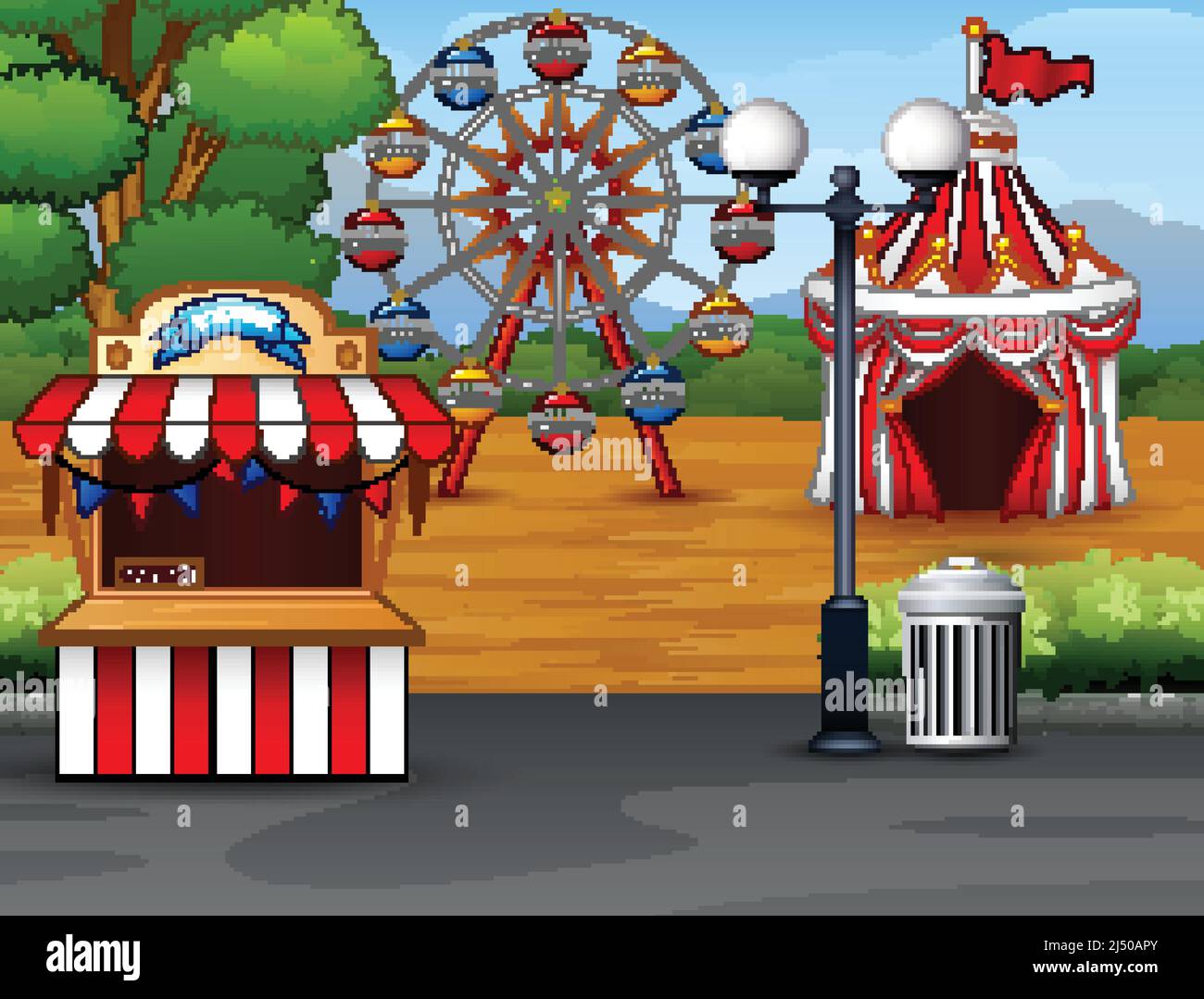 Amusement park with ferris wheel, ticket booth and circus tent Stock ...