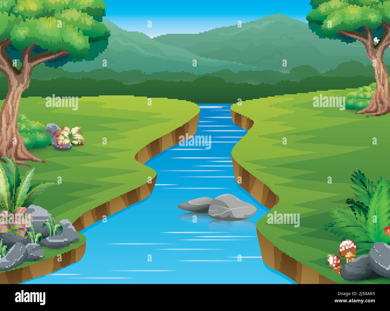 River cartoons in the middle beautiful natural scenery Stock Vector ...