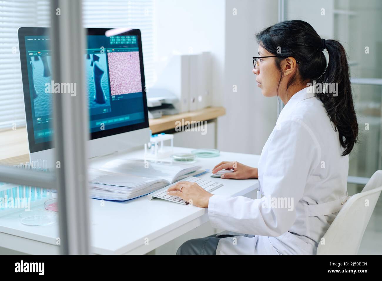 Side view of young Hispanic female researcher sitting in front of ...