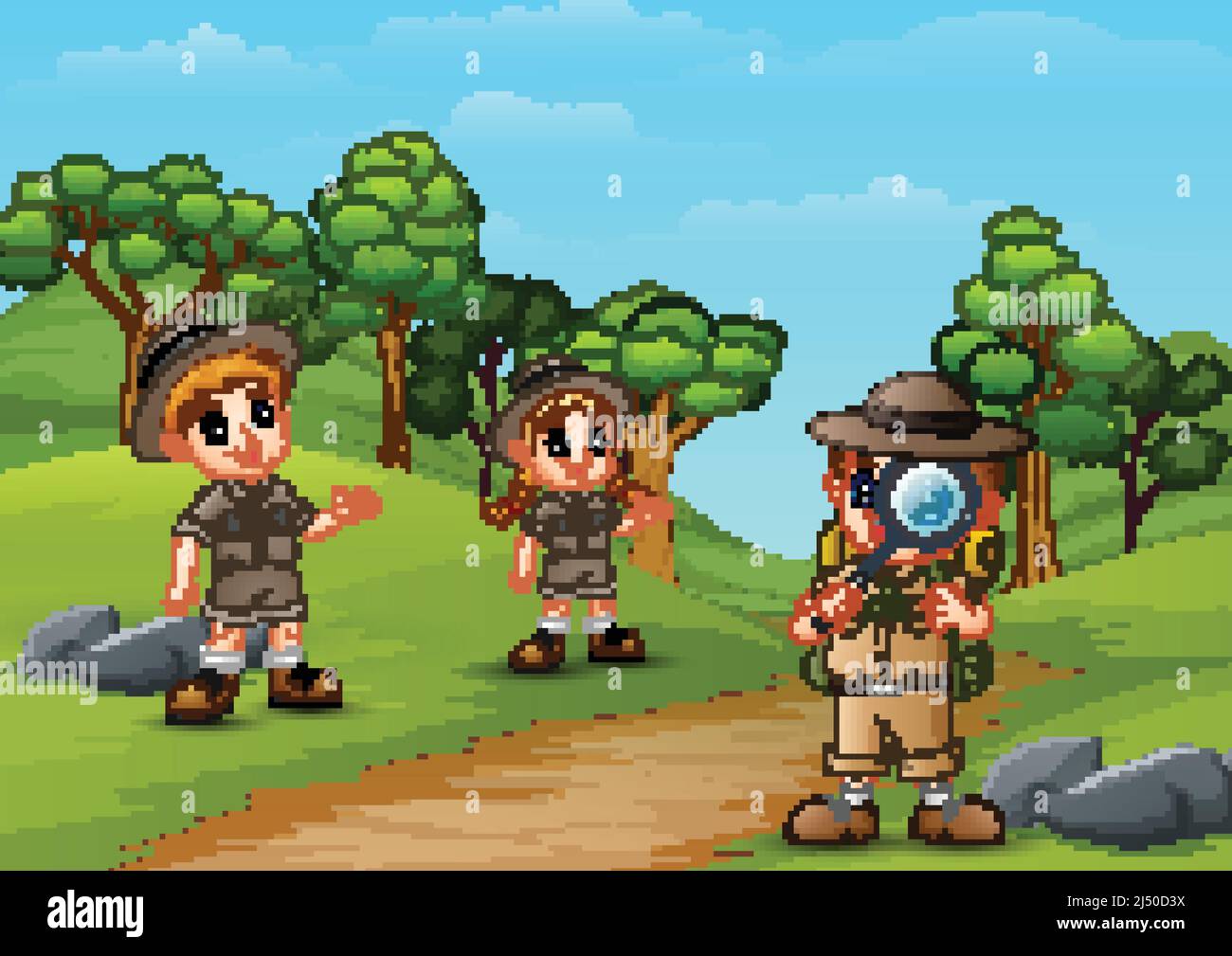 Happy explorer kid on the road to forest Stock Vector Image & Art - Alamy