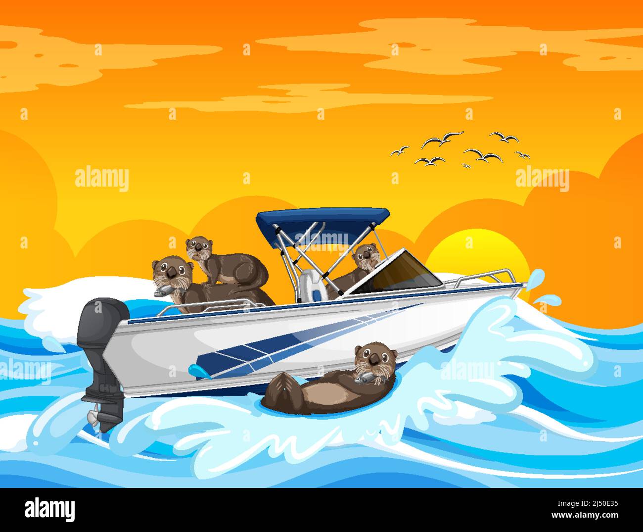 Ocean scene with group of beavers on speedboat illustration Stock ...