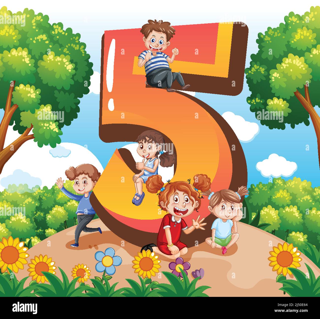Five kids with number five cartoon illustration Stock Vector Image ...