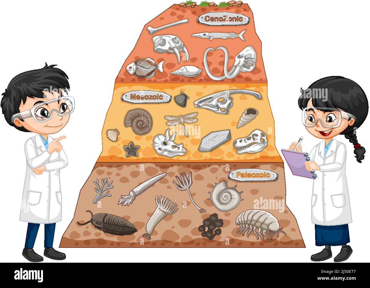 Fossil in soil layers with children cartoon character illustration ...