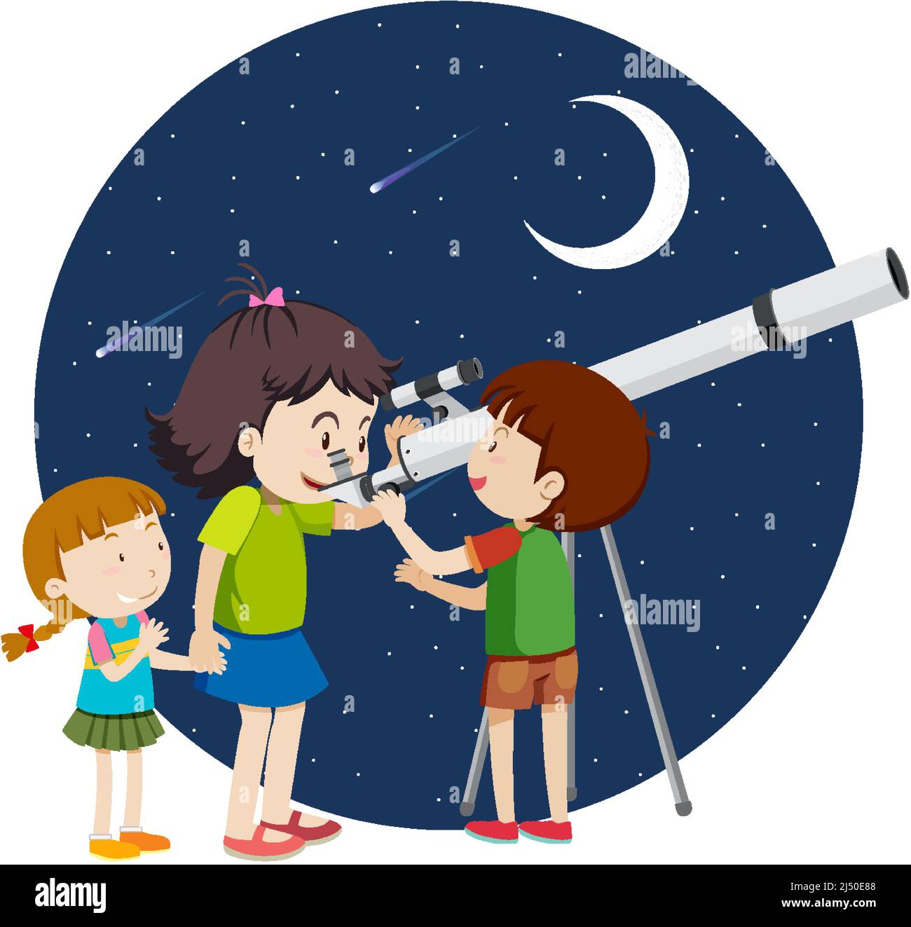 Happy kids observe night sky with telescope illustration Stock Vector ...