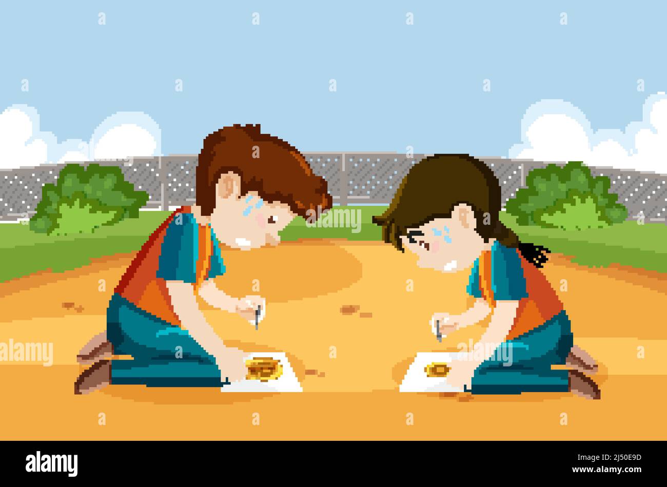 Children playing scratch dalgona cookie at the park illustration Stock ...