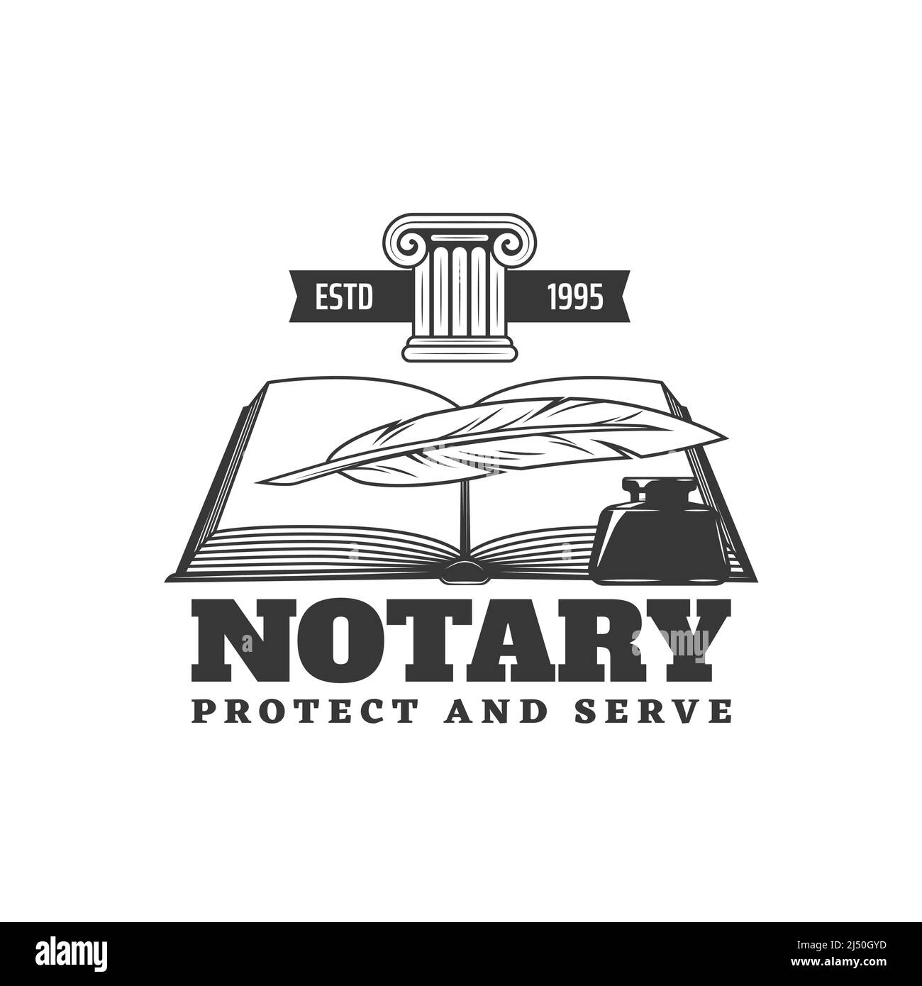 Notary icon with book, quill feather and inkwell. Juridical firm office ...