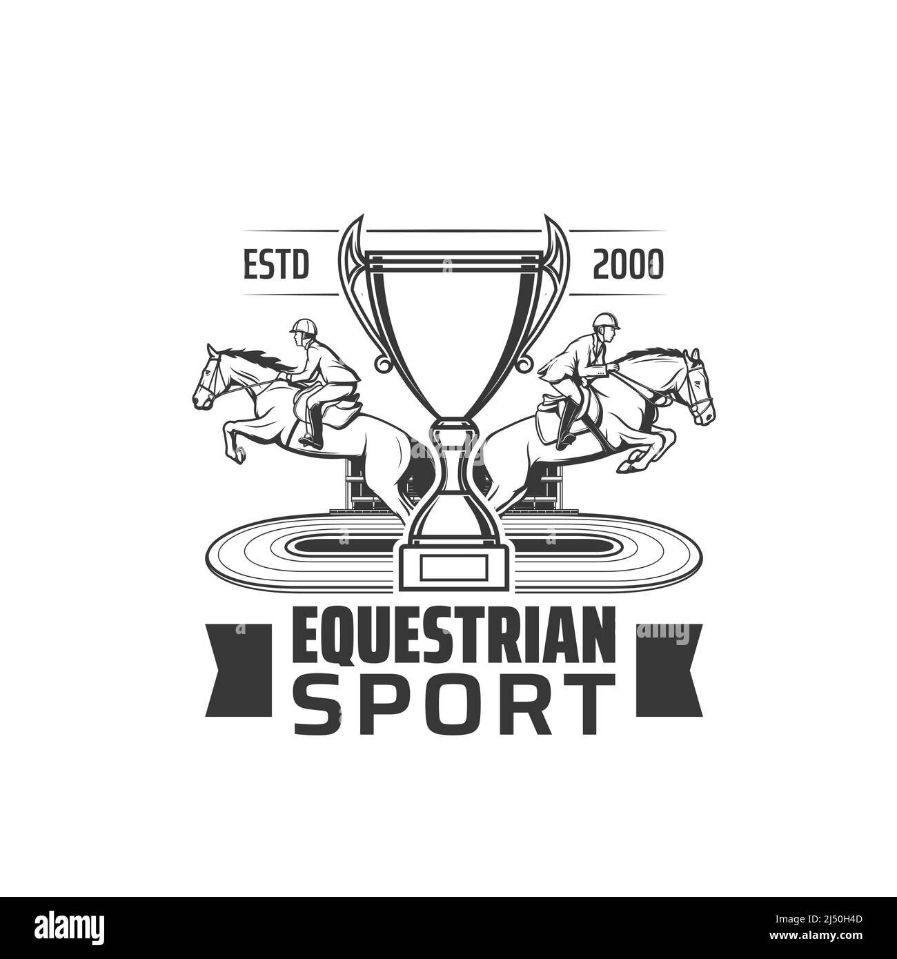 Equestrian sport icon with jockeys on horses, hippodrome racetrack and ...